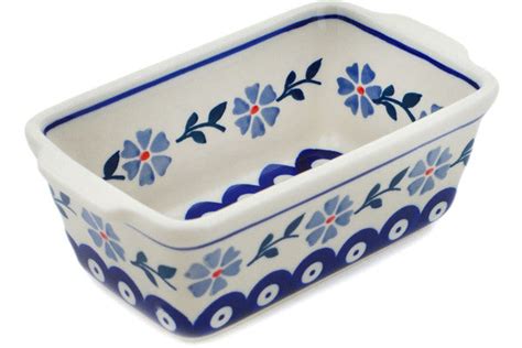 Polish Pottery Mini Loaf Pan Peacock Forget Me Not