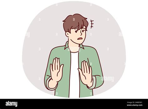 puzzled man stretches out hands showing palms calls to stop or stop