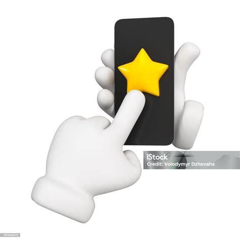 스마트폰을 들고 화면에 노란색 별을 탭하는 흰색 이모티콘 손 휴대 전화를 사용하여 격리됩니다 3d 렌더링 3차원 형태에 대한 스톡 사진 및 기타 이미지 Istock