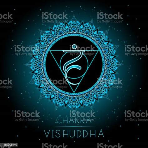 벡터 일러스트 레이 션과 기호 Vishuddha목 구멍 차크라에 검정색 배경입니다 건강한 생활방식에 대한 스톡 벡터 아트 및 기타 이미지 건강한 생활방식 기하 기하