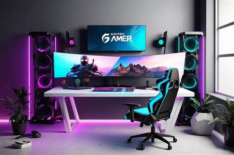 현대적인 게이머 컴퓨터 책상 설정 Rgb 조명 Pc 컴퓨터 화이트 스크린 모 게이밍 키보드 게이밍 의자 프리미엄 사진