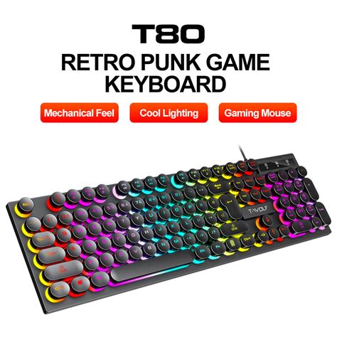 Mechanical Feel USB Wired Gaming Keyboard Retro Punk Round Keycap Glowing Crystal Panel Mute