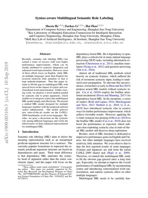 Syntax Aware Multilingual Semantic Role Labeling Christensen Et Al 2011 Xiong Et Al 2012 Yih