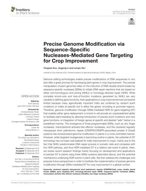 Pdf Precise Genome Modification Via Sequence Specific Nucleases Mediated Gene Targeting For