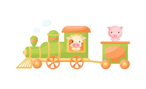 흰색 배경에 Waggon에 암소 드라이버와 돼지와 귀여운 만화 녹색 기차 어린이 책 인사말 카드 베이비 샤워 파티 초대장 벽