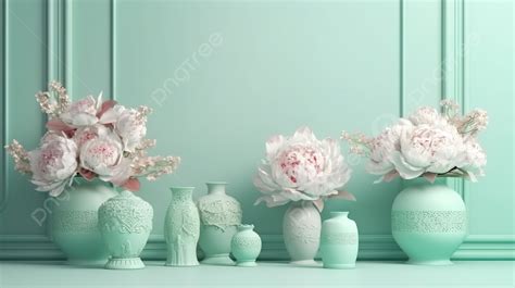 6개의 꽃병이 민트 그린 벽 앞에 놓여 있습니다 모란 수국 꽃과 장식용 화병이 있는 3d 연단 디스플레이 파스텔 녹색 배경 고화질 사진 사진 배경 일러스트 및 사진 무료