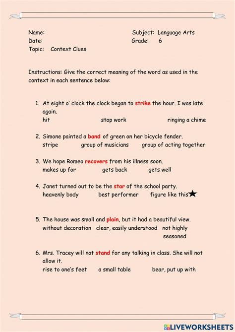 Context Clues Online Worksheet For 4 6 Live Worksheets