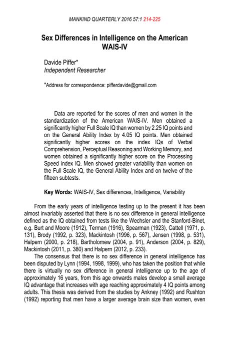 Pdf Sex Differences In Intelligence On The American Wais Iv