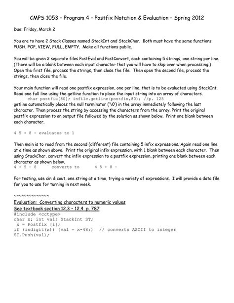 Cmps 1053 Program 4 Postfix Notation And Evaluation