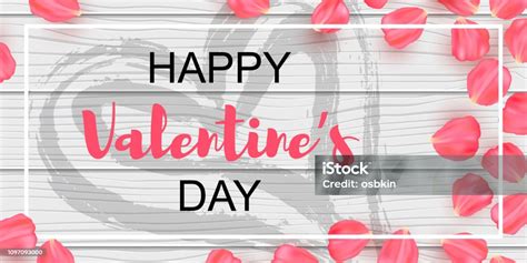 벡터 일러스트입니다 흰색 나무 질감에 장미 꽃잎과 함께 해피 발렌타인의 날 발렌타인 데이 대 한 축 하 카드입니다 꽃 요소와 손으로 그린 심장 포스터 0명에 대한 스톡 벡터