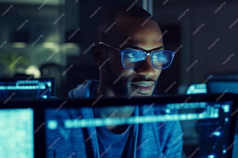 Programmer Black Man And Code Reflection In Glasses Cyber Security And Hacking In Workplace