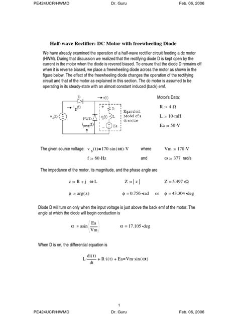 Half Wave Rectifier Dc Motor With Freewheeling Diode Pdf Rectifier Diode