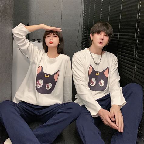 한국 스타일 패션 커플 잠옷 일본 카와이 루나 고양이 잠옷 캐주얼 홈웨어 긴 소매 잠옷 남성 바지 홈 의상 파자마 세트 AliExpress
