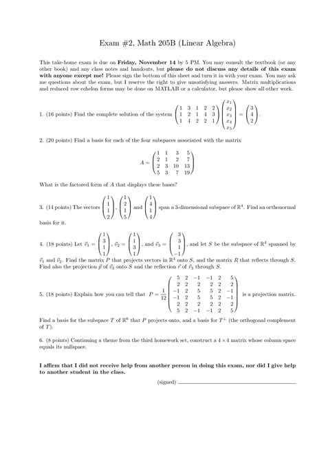 Subspaces Linear Algebra Exam Docsity
