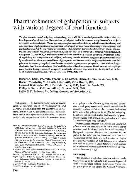 Pdf Pharmacokinetics Of Gabapentin In Subjects With Various Degrees