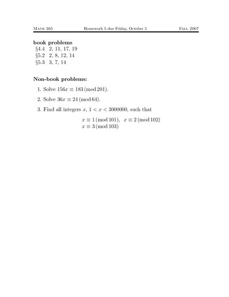 Number Theory Assignment 5 Fall 2007 Math 365 Docsity