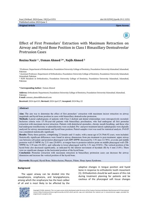 Pdf Effect Of First Premolars Extraction With Maximum Retraction On Airway And Hyoid Bone