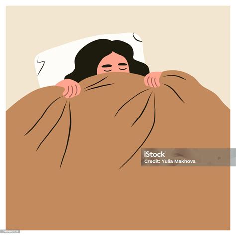 담요 아래에서 튀어 나오는 여성의 손과 머리 부드러운 아늑한 담요 아래에서 자고있는 사람 손으로 그린 벡터 일러스트 레이 션 드로잉에 대한 스톡 벡터 아트 및 기타 이미지