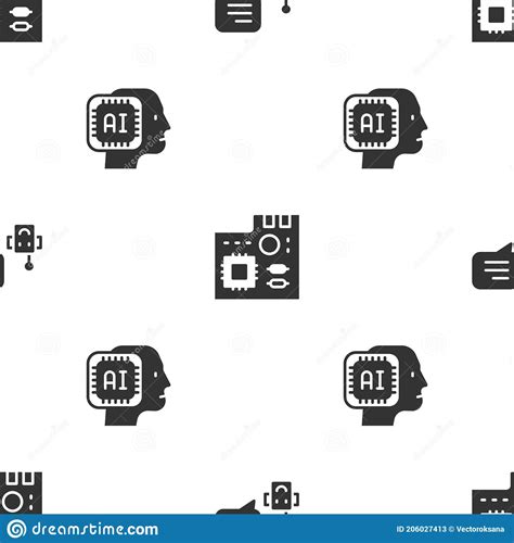 Set Motherboard Digital Chip And Humanoid Robot On Seamless Pattern Vector Stock Vector
