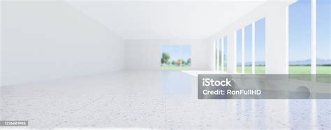 빈 방과 화강암 바닥 의 3d 렌더링은 원근면에서 투명 유리 문 깨끗하고 배경에 새로운 조건을 사용합니다 바닥재에 대한 스톡 사진 및 기타 이미지 Istock