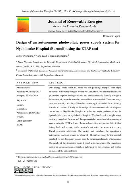 Pdf Design Of An Autonomous Photovoltaic Power Supply System For Nyabikenke Hospital Burundi