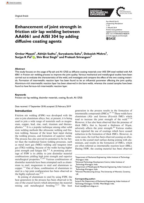 Pdf Enhancement Of Joint Strength In Friction Stir Lap Welding Between Aa6061 And Aisi 304 By