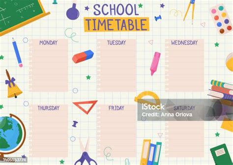 귀여운 유치한 학교 시간표 학용품을 소지 한 어린이를위한 주간 수업 일정 인쇄 가능한 플래너 학생을위한 일기 어린이를위한 문구 세트 할 일 목록 배경 주제에 대한 스톡 벡터