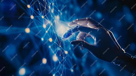 AI Machine learning Hands of robot and human touching on big data network connection background ...