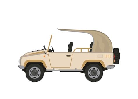 지붕이 없고 창 타이어가 뒤에 있는 군용 차량 프리미엄 벡터