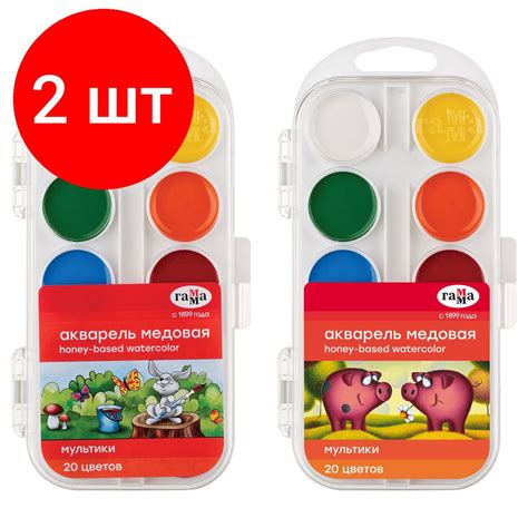 Акварель Гамма "Мультики" NEW, комплект 2 штук, медовая, 20 цветов, без ...