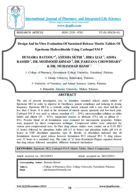 Pdf Design And In Vitro Evaluation Of Sustained Release Matrix Tablets Of Eperisone