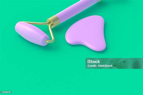 얼굴 마사지 롤러와 괄사 돌 얼굴과 웰빙을 들어 올리십시오 화장품 액세서리 얼굴 피부 관리 공간을 복사합니다 3d 렌더링 3차원 형태에 대한 스톡 사진 및 기타 이미지