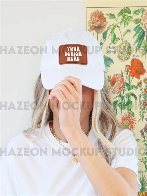 Dad Hat With Leather Patch Mock Up Mockup White Light Brown Patch Hat