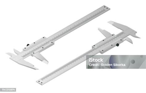 아이소메트릭 캘 리 퍼 흰색 절연 버 니 어 캘리퍼스 금속 장비 엔지니어링 작업 측정 도구 객체의 두 반대쪽 측면 사이의 거리를 측정 하는 데 사용 되는 장치 강철에 대한