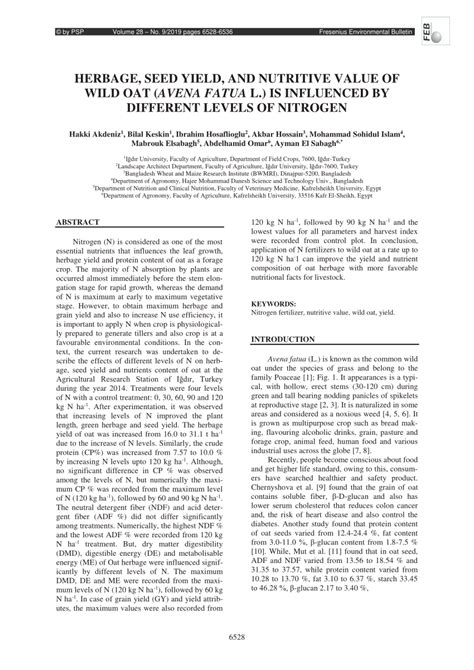 Pdf Herbage Seed Yield And Nutritive Value Of Wild Oat Avena Fatua L Is Influenced By