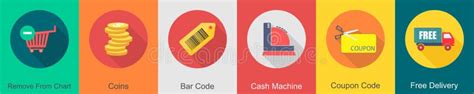 a set of 6 shopping icons as remove from cart coins bar code stock