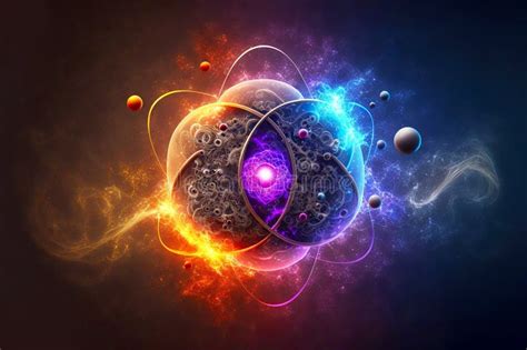 Atom Orbit Model With Bright Glowing Core And Multi Colored Particles