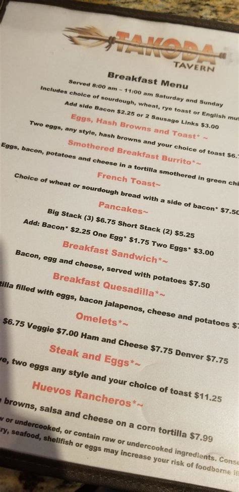 Menu At Takoda Tavern Pub And Bar Parker Pine Bluffs Way