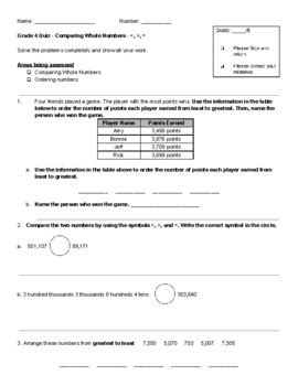 Grade 4 Quiz Comparing Whole Numbers By MeddersMade TPT