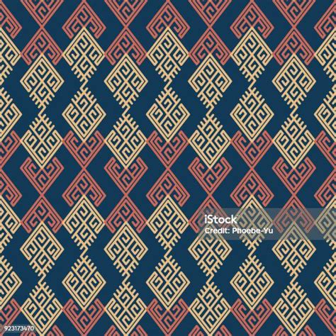 원활한 배경 동남아 복고풍 원주민 전통 예술 섬유 패턴 체크 다각형 나선형 교차 하는 트레이 서 리 프레임 0명에 대한 스톡