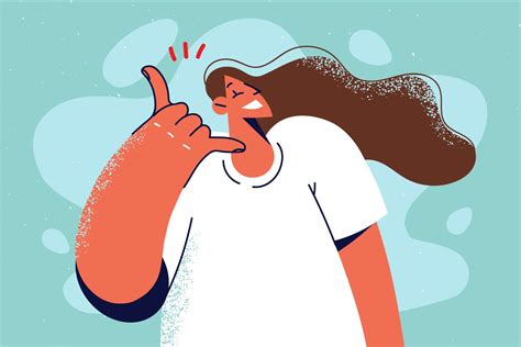 Smiling Woman Show Call Me Hand Gesture Happy Girl With Phone Sign Ask