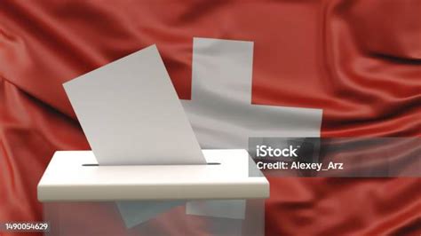 텍스트 또는 로고를 위한 공간이 있는 빈 투표용지는 스위스 국기를 배경으로 투표함에 넣습니다 선거 개념입니다 3d 렌더링 모형