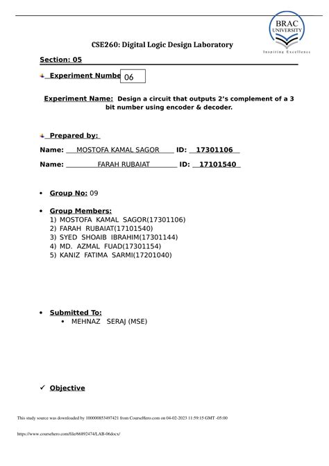 Cse 260 Digital Logic And Design Brac University Experiment Design A Circuit That Outputs 2