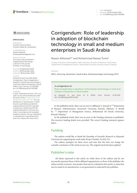 Pdf Corrigendum Role Of Leadership In Adoption Of Blockchain Technology In Small And Medium