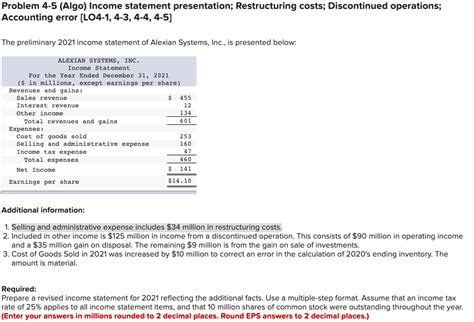 solved problem 4 5 algo income statement presentation