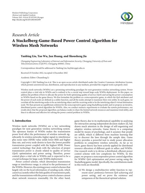Pdf A Stackelberg Game Based Power Control Algorithm For Wireless Mesh Networks