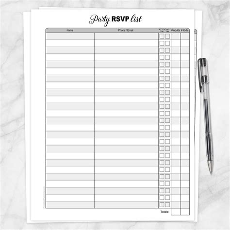 Printable Party Rsvp List Guest List Organizer Event Planning Adult