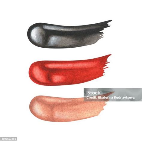 수채화 그림입니다 매니큐어 얼룩 세트 레드 베이지 블랙 화장품 견본 립글로스 립스틱 리퀴드 아이섀도 흰색 배경에 격리되어 있습니다 손으로 그린 페인트 얼룩 매니큐어 화장품에