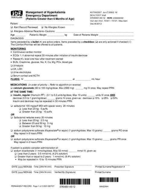 Fillable Online Management Of Hyperkalemia Emergency Department Fax