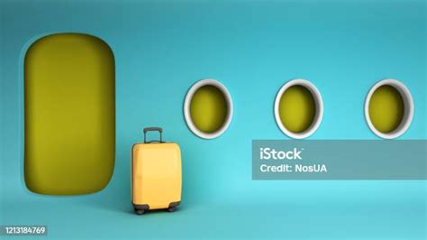 미니멀 한 파란색 비행기 오두막 3d 렌더링 이미지에서 간단한 비행기 여행 개념 노란색 가방 가방에 대한 스톡 사진 및 기타 이미지 Istock